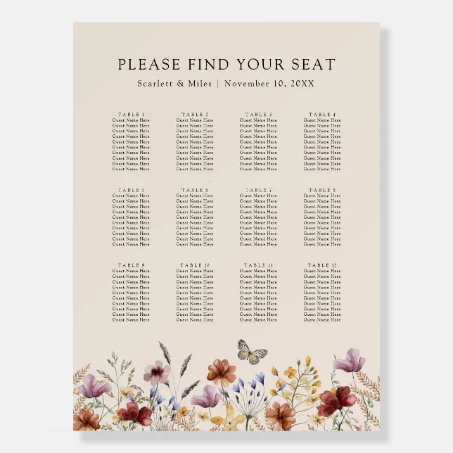 Boho Floral Seating Chart Foam Board | Zazzle