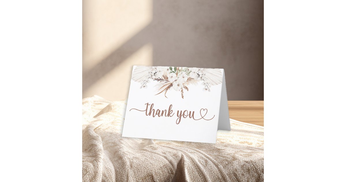 Boho Floral Thank You Card Neutral Pampas | Zazzle