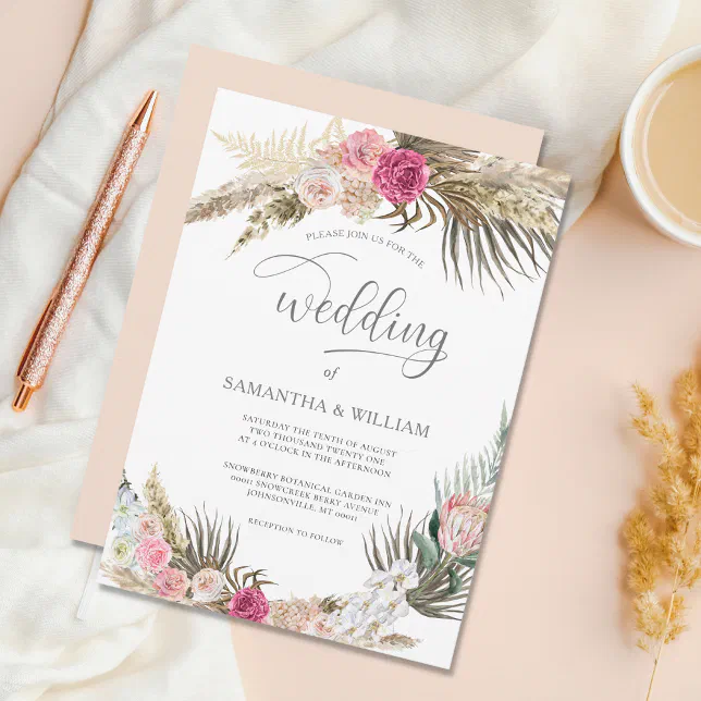 Boho Floral Watercolor Blush Pink Rose Invitation | Zazzle