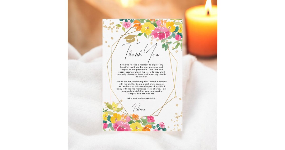 Boho Floral Watercolor Graduation Gold Photo Thank You Card | Zazzle