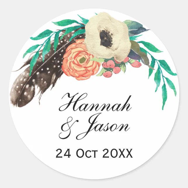 Boho Floral Watercolor Wedding Classic Round Sticker | Zazzle