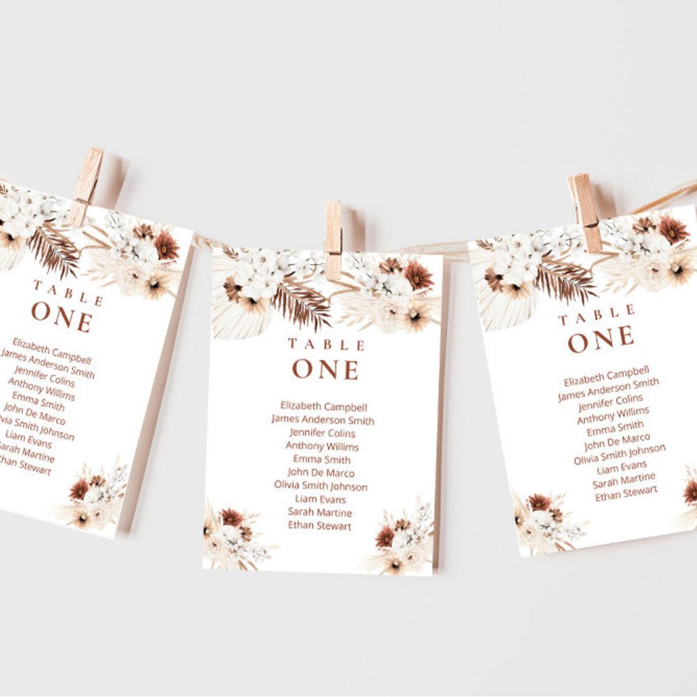 Boho Floral Wedding seating charts card - Snuggle Hamster Designs