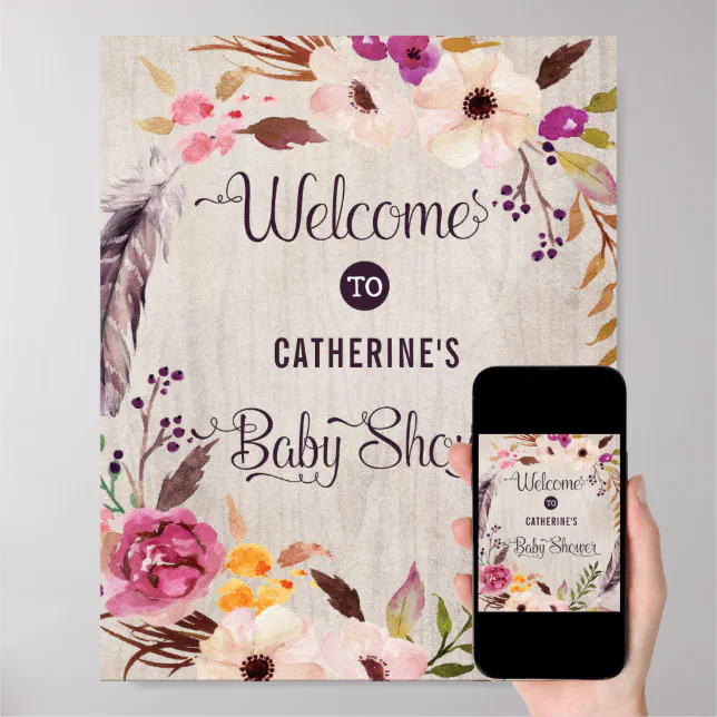Boho Floral Welcome Sign Rustic Baby Shower Decor | Zazzle