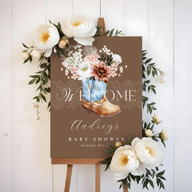 Boho Floral Western Blue Cowboy Boot Welcome Foam Board | Zazzle