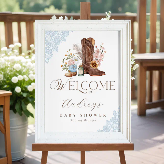 Boho Floral Western Blue Cowboy Boot Welcome Poster | Zazzle