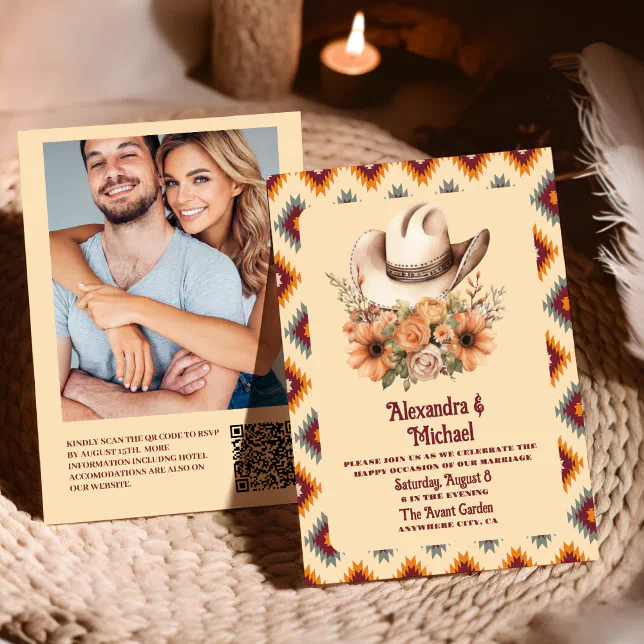 Boho Floral Western Wedding qr code Invitation | Zazzle