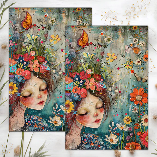 BOHO FLOWER GIRL DECOUPAGE TISSUE PAPER | Zazzle