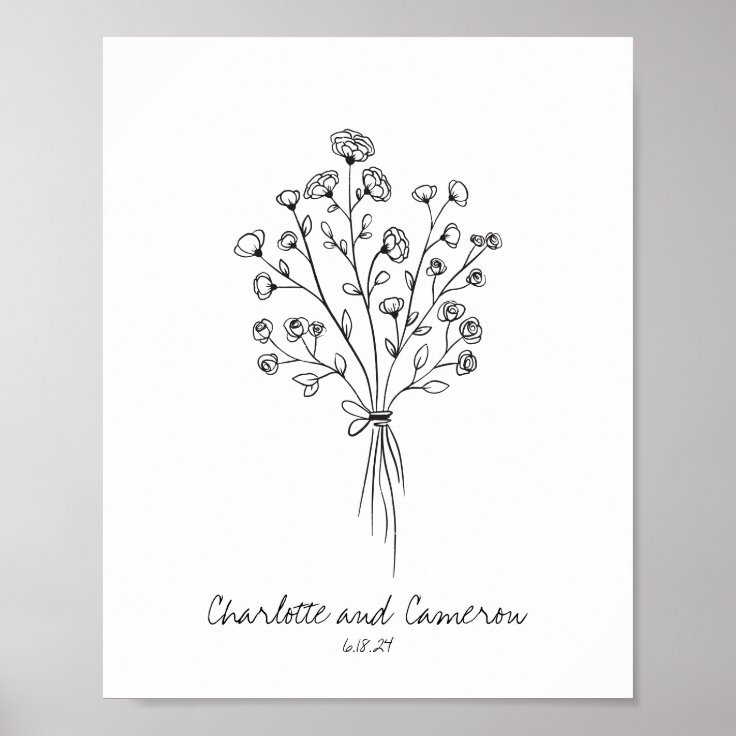 Boho Flower Line Art Drawing Personalized Wedding Poster | Zazzle