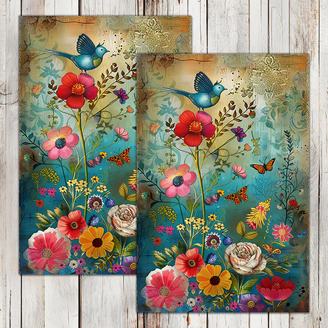 BOHO FLOWERS AND BIRD DECOUPAGE TISSUE PAPER | Zazzle