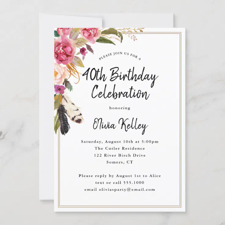 Boho Flowers and Feathers Rustic 40th Birthday Invitation | Zazzle