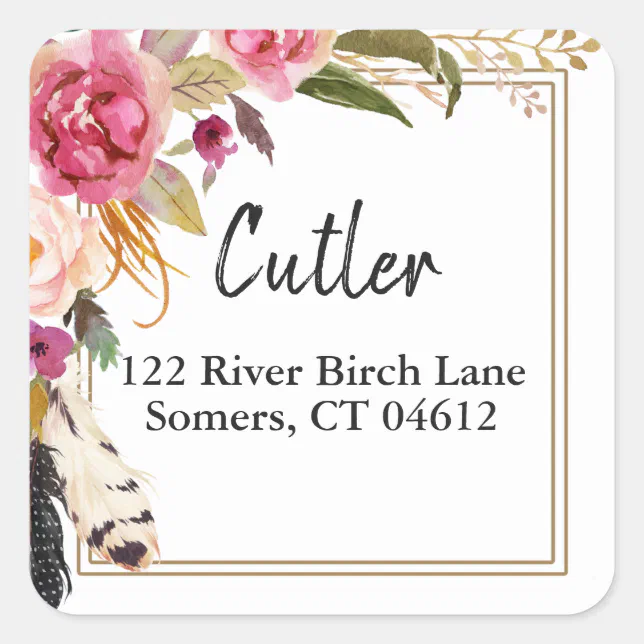 Boho Flowers and Feathers Rustic Address Label | Zazzle