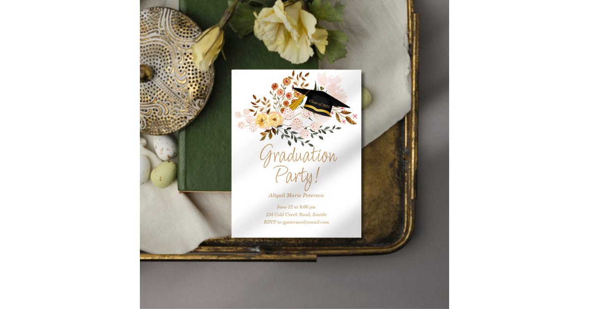 Boho Flowers and Graduation Cap Party Invitation | Zazzle