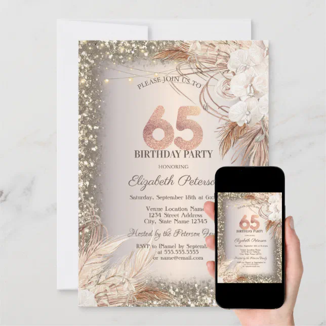 Boho Flowers,Lights Glitter Frame 65th Birthday Invitation | Zazzle