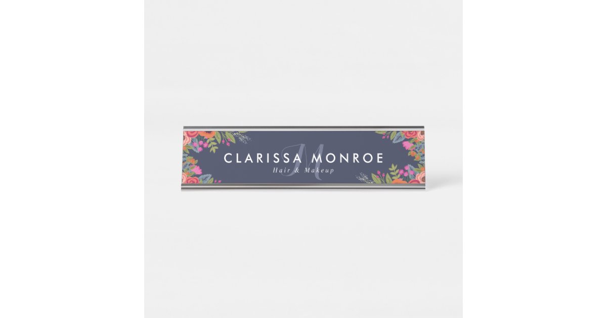 Boho Flowers - Navy Blue - Monogram Desk Name Plate | Zazzle