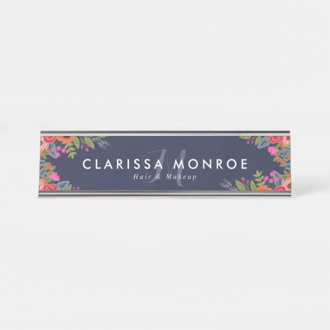 Boho Flowers - Navy Blue - Monogram Desk Name Plate | Zazzle