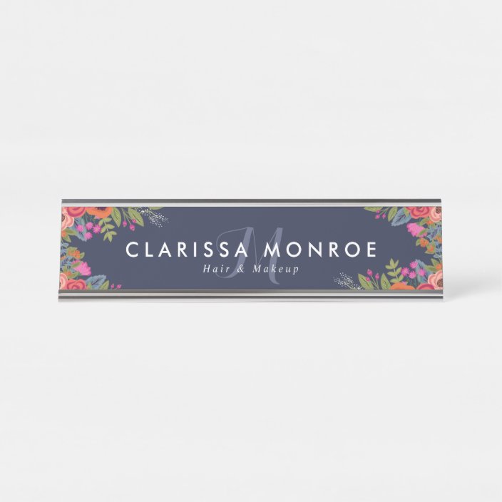 Boho Flowers - Navy Blue - Monogram Desk Name Plate | Zazzle.com