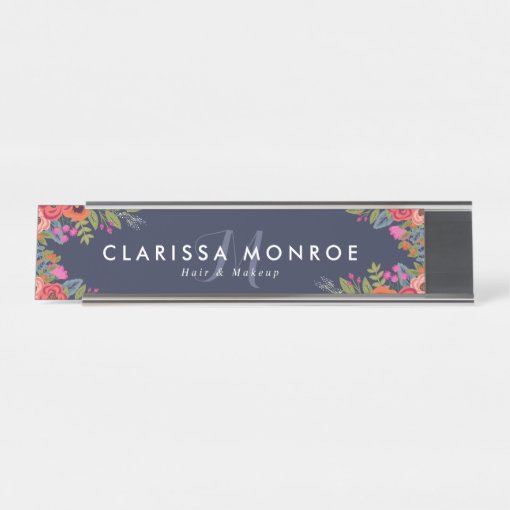 Boho Flowers - Navy Blue - Monogram Desk Name Plate | Zazzle