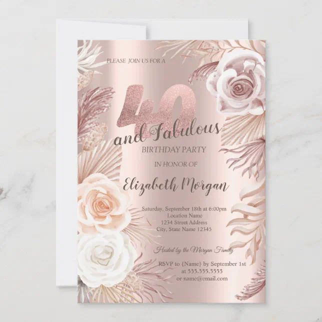 Boho Flowers Rose Gold 40th Birthday Party Invitation | Zazzle