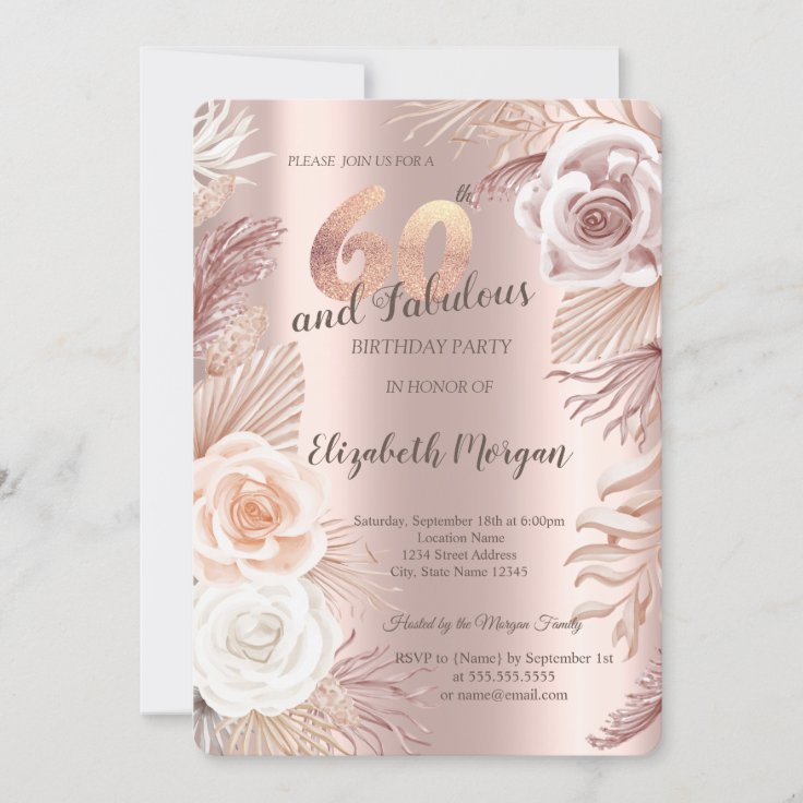Boho Flowers Rose Gold 60th Birthday Invitation | Zazzle