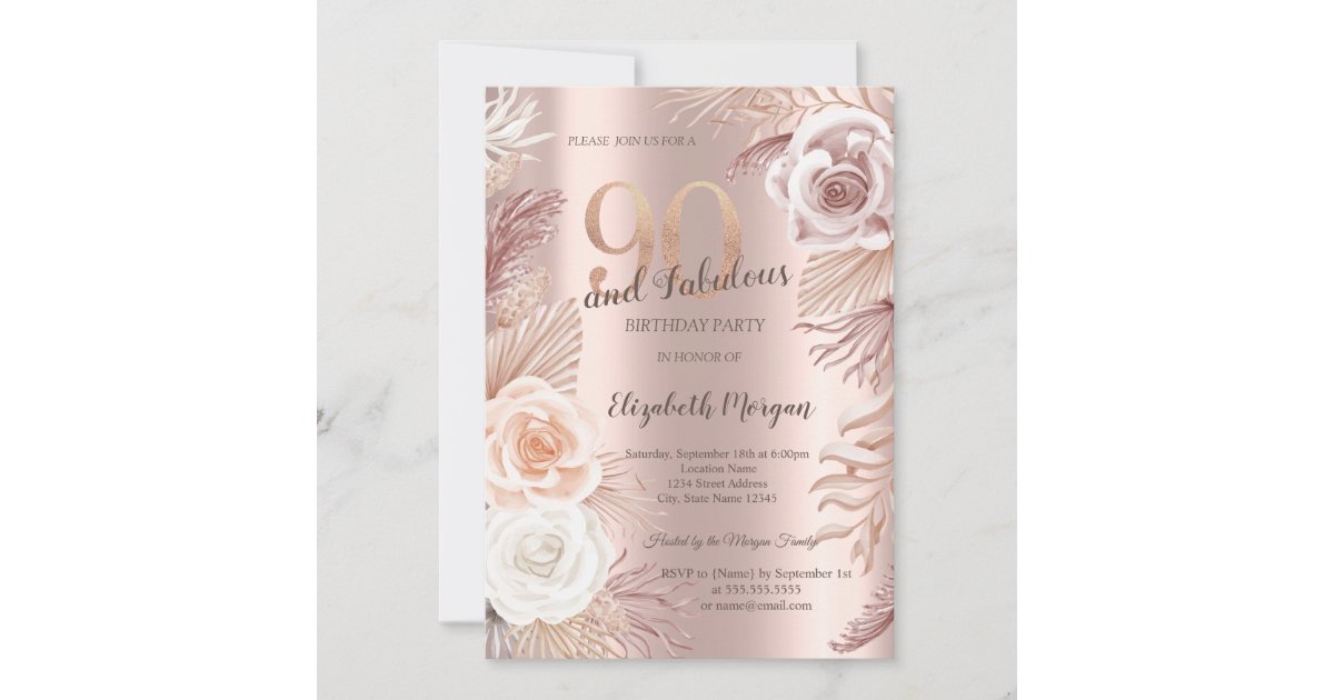 Boho Flowers Rose Gold 90th Birthday Party Invitation | Zazzle