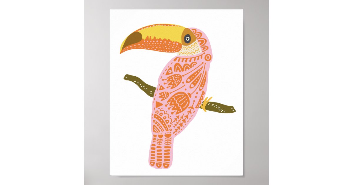 Boho Folk Floral Toucan Illustration in Pink Poster | Zazzle