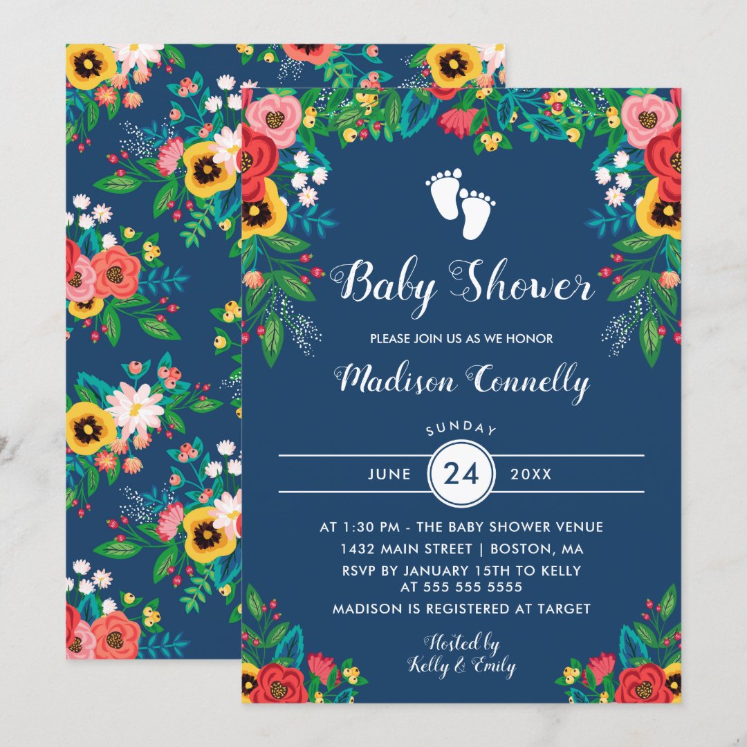Boho Folk Flowers Footprints Baby Shower Invitation | Zazzle