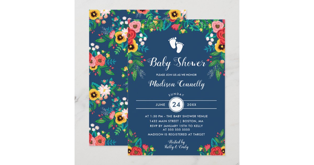 Boho Folk Flowers Footprints Baby Shower Invitation | Zazzle