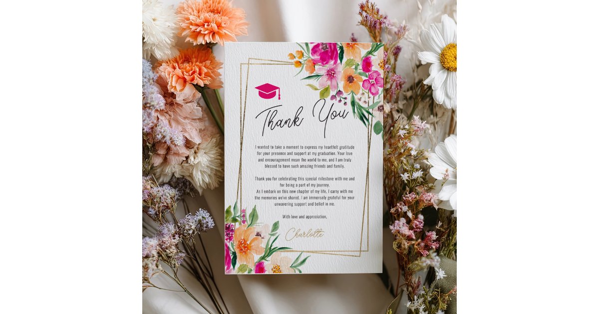 Boho garden floral gold photo graduation thank you card | Zazzle