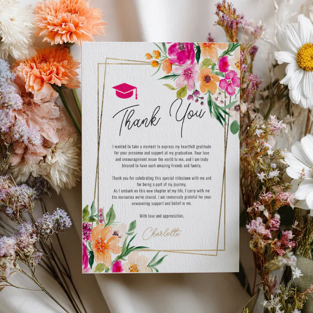 Boho garden floral gold photo graduation thank you card | Zazzle