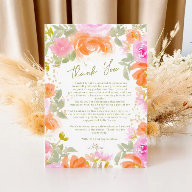 Boho Garden orange wildflowers graduation Thank You Card | Zazzle