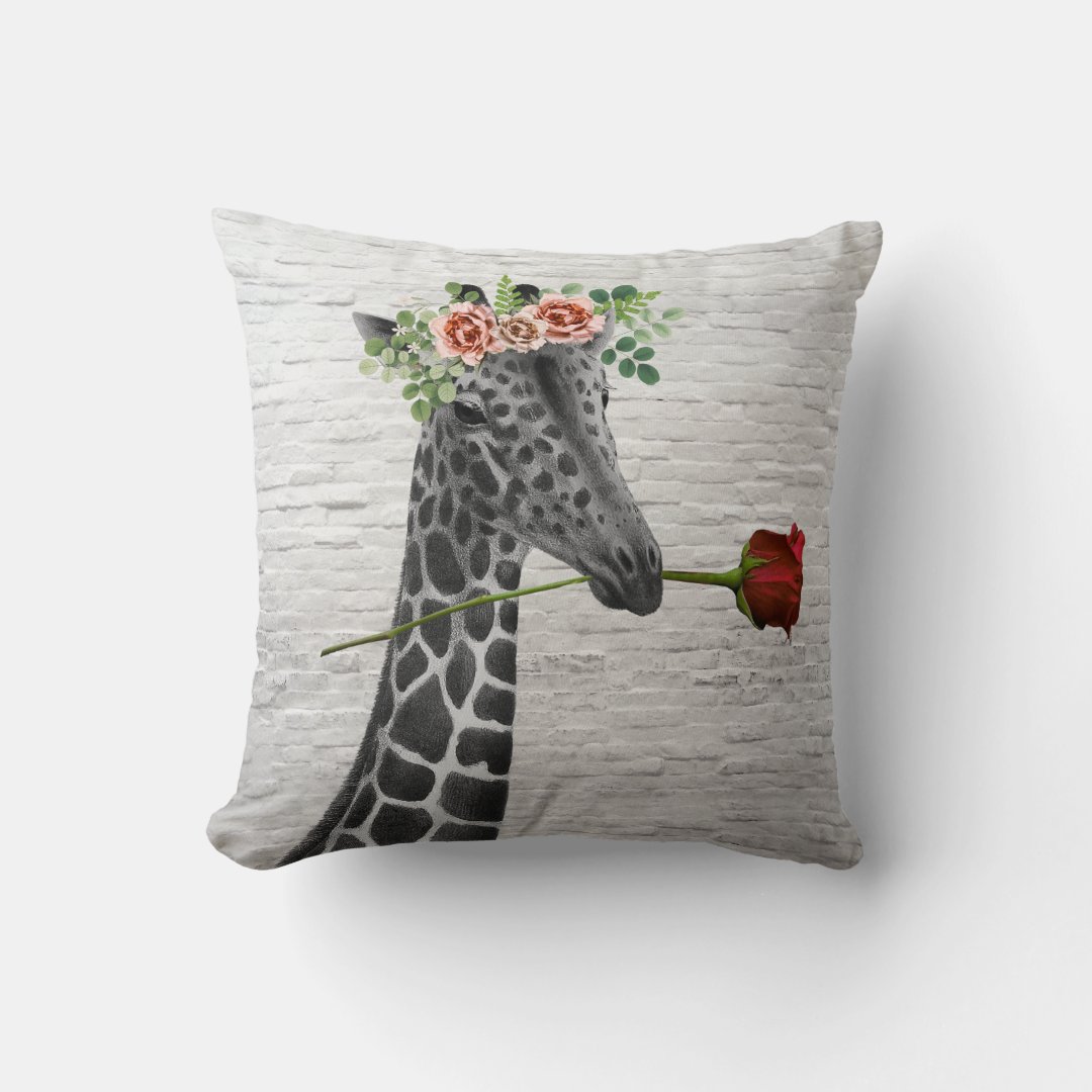 Boho Giraffe Rose Valentine Pillow | Zazzle