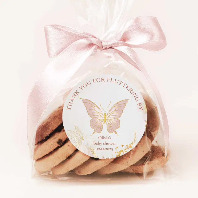 Boho gold butterfly thank you for fluttering by classic round sticker ...