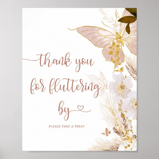Boho gold butterfly Thank you for fluttering by Poster | Zazzle