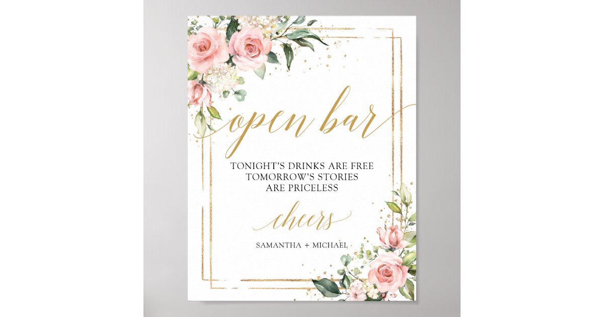 Boho gold frame blush pink floral open bar sign | Zazzle