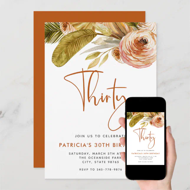 Boho Gold Pink Floral 30th Birthday Party Invitation | Zazzle