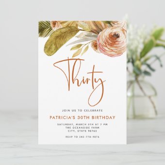 Boho Gold Pink Floral 30th Birthday Party Invitation | Zazzle