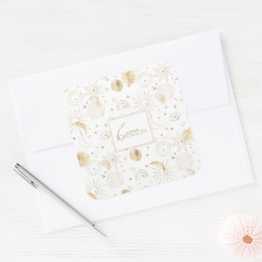 Boho Gold Space doodles White Design Square Sticker | Zazzle