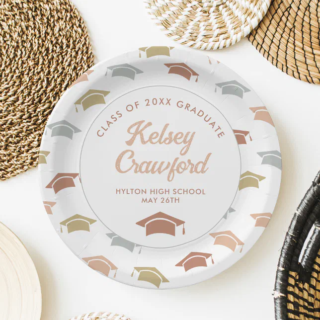 Boho Grad Caps Graduation Party Paper Plates | Zazzle