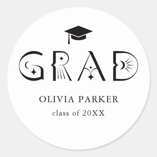 Boho GRAD Typography White Classic Round Sticker | Zazzle