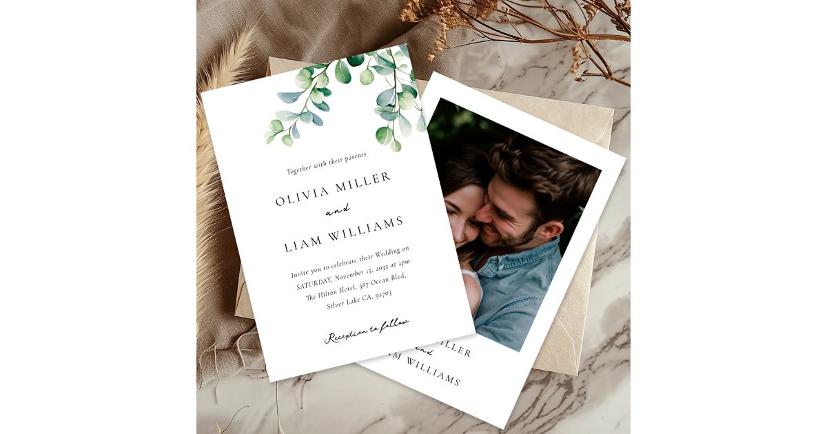 Boho Green Eucalyptus Photo Wedding Invitation | Zazzle