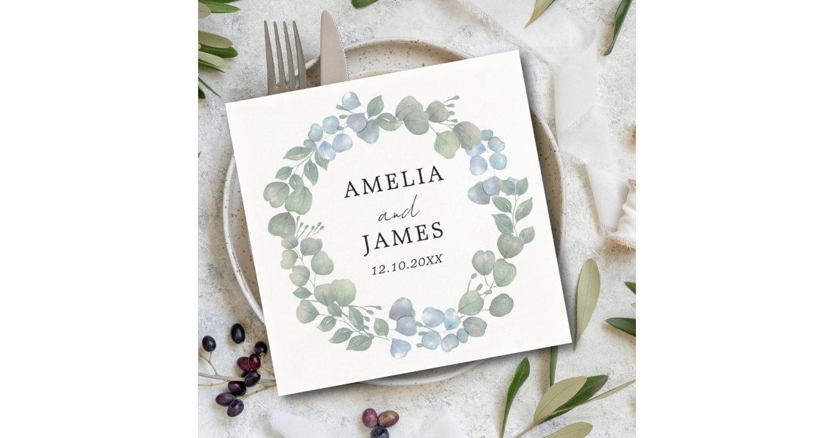 Boho Green Eucalyptus Wreath Wedding Napkins | Zazzle