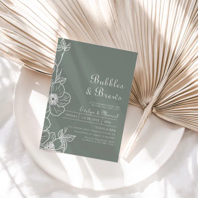 Boho Green Floral Bubbles & Brews Bridal shower Invitation | Zazzle