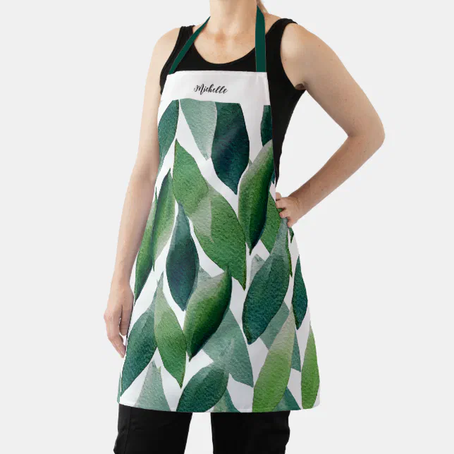 Boho Green Leaves Watercolor Hand-painted Apron | Zazzle