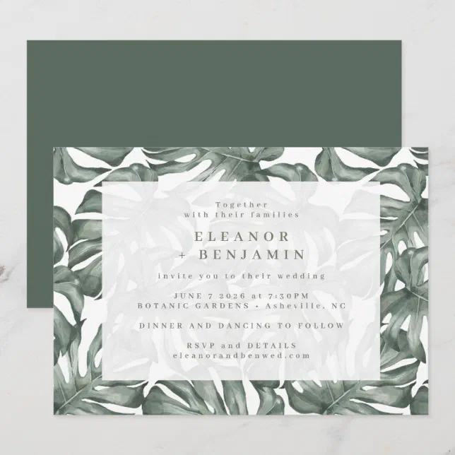 Boho Green Monstera Leaves Trendy All In One Invitation | Zazzle