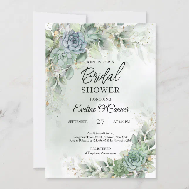 Boho green succulents and eucalyptus foliage invitation | Zazzle