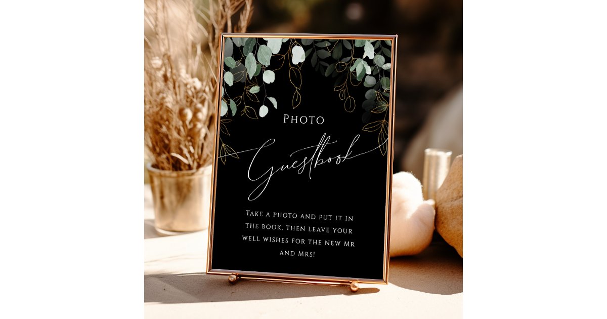 Boho Greenery and Gold Black Photo Guest Book Sign | Zazzle