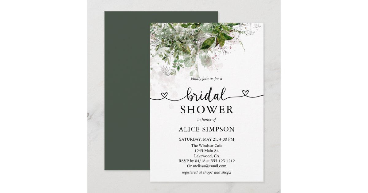 Boho Greenery Calligraphy Heart Bridal Shower Invi Invitation | Zazzle