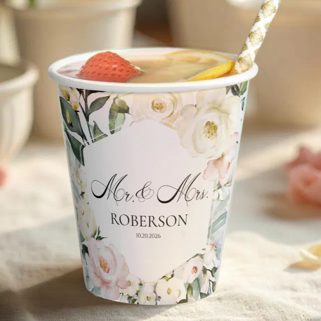 Boho Greenery Floral Frame Wedding Paper Cups | Zazzle