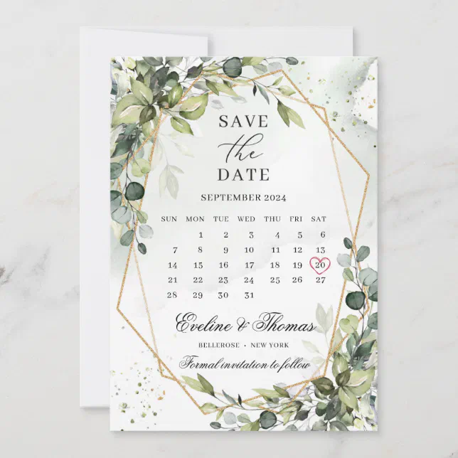 Boho greenery foliage gold frame month calendar save the date | Zazzle