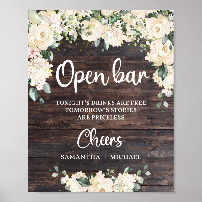 Boho greenery foliage rustic wood open bar sign | Zazzle
